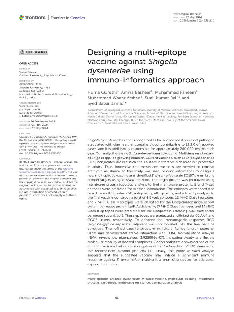 Designing a Multi-epitope Vaccine Against Shigella Dysenteriae Using Immuno-Informatics Approach ...
