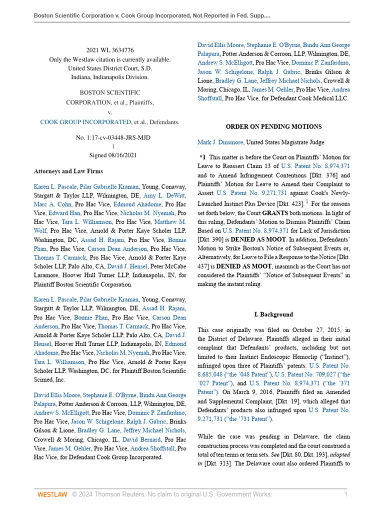 Boston Scientific v. Cook Group Case | PDF | Lawsuit | Complaint