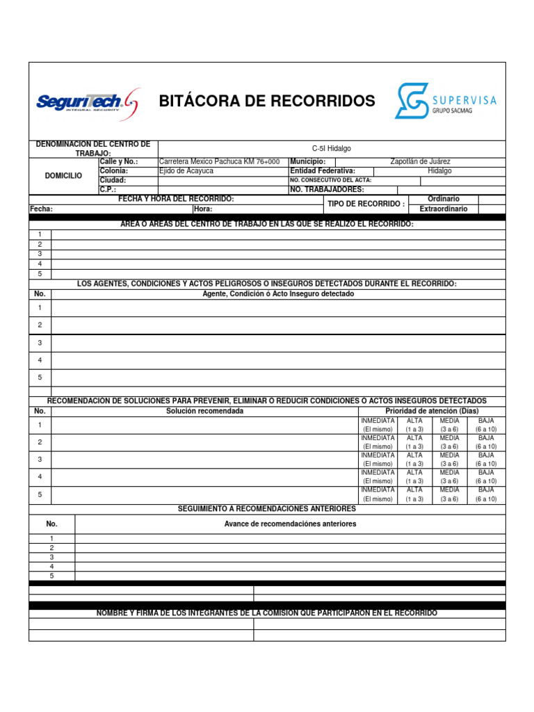 Bitácora de recorridos | PDF