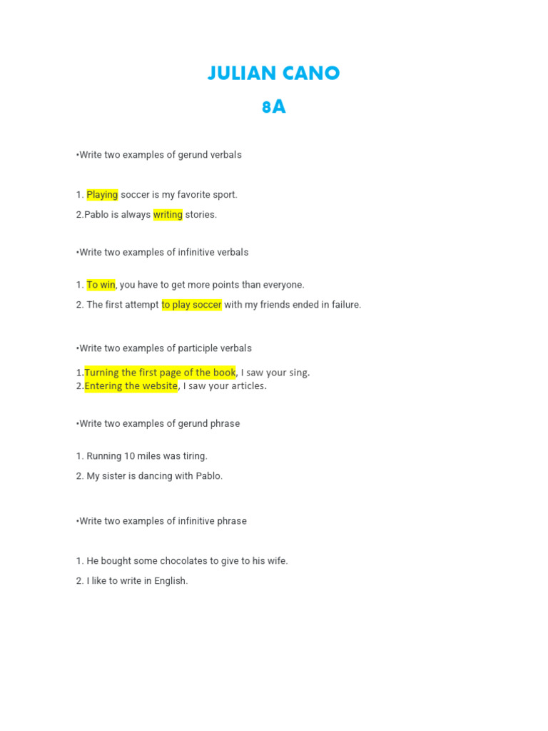 Verbals and Verbal Phrases. Julian Cano 8A. | PDF | Language Arts & Discipline