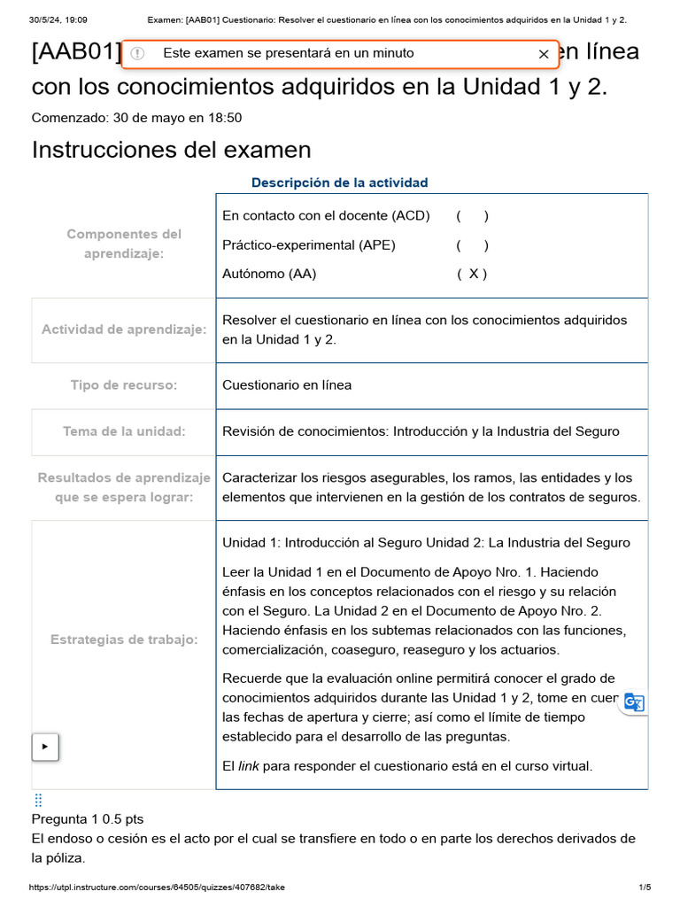 Examen - (AAB01) Cuestionario - Resolver El Cuestionario en Línea Con Los Conocimientos ...
