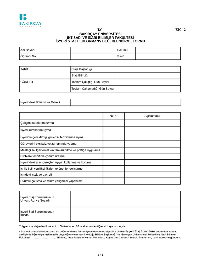 EK 2 Performans Değerlendirme Formu | PDF