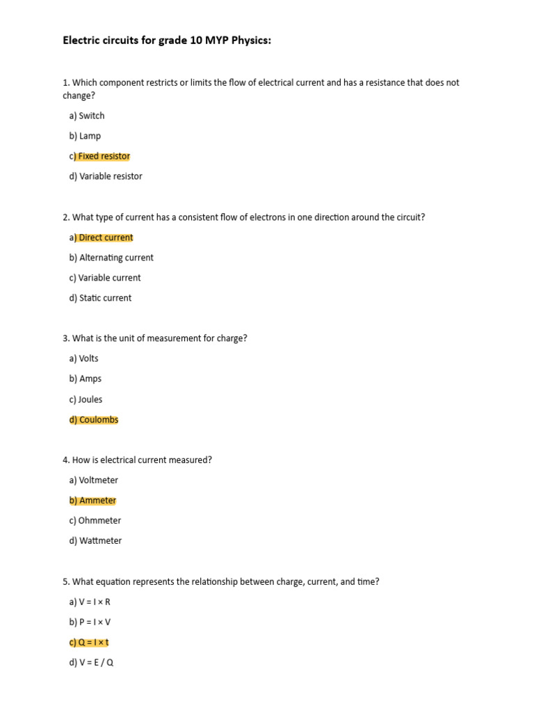 3_Electric_circuits_for_grade_10_MYP_Physics_MCQ | Download Free PDF | Electrical Resistance And ...