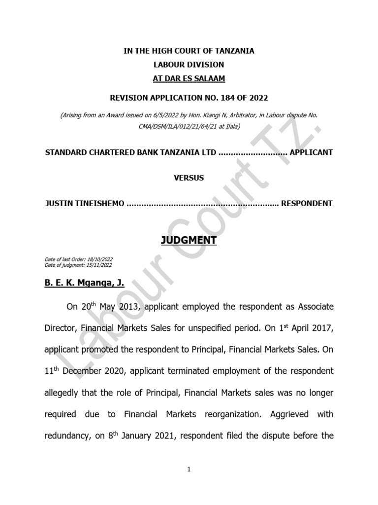Standard Chartered Bank LTD Vs Justin Tineishemo (Revs Appl No 184 of 2022) 2022 TZHCLD 1084 (15 ...