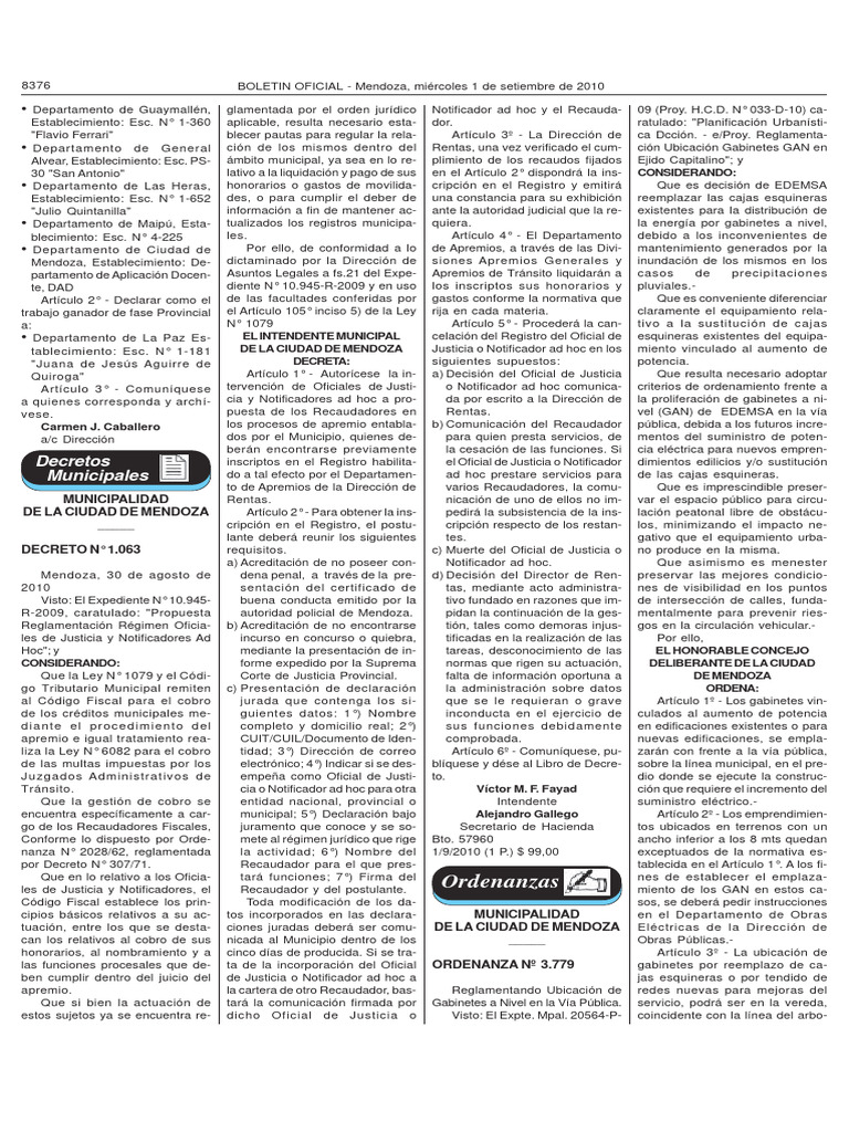Ordenanza 3779-10 - Municipalidad Ciudad de Mendoza - BOE 01-09-10 | PDF