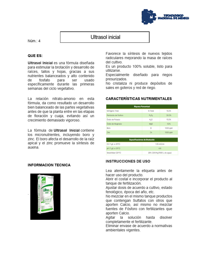 NUM-4-Ultrasol Inicial - Ficha Tecnica - Lizeth Curiel Santiago | PDF | Fertilizante | Raíz