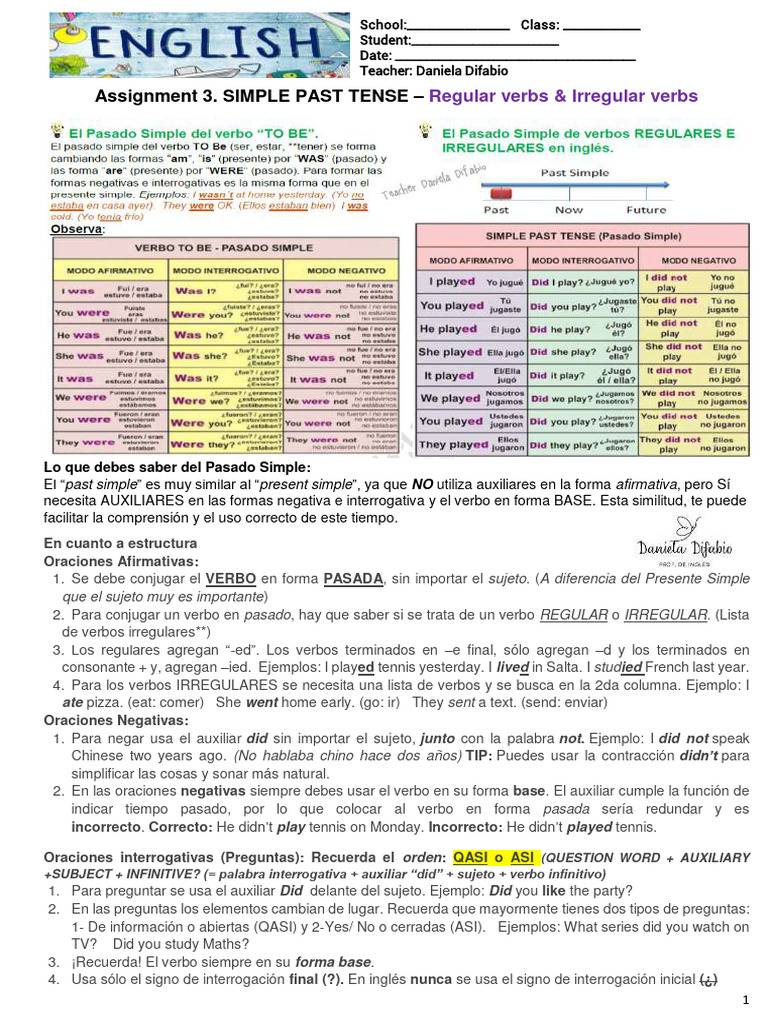Assignment 3 - Past Simple2. 24. Reg&Irreg Verbs. Con Fichas Con Nota y ...