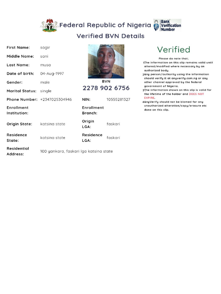 .NG BVN Sagir Sani Musa Verified-Slip | PDF
