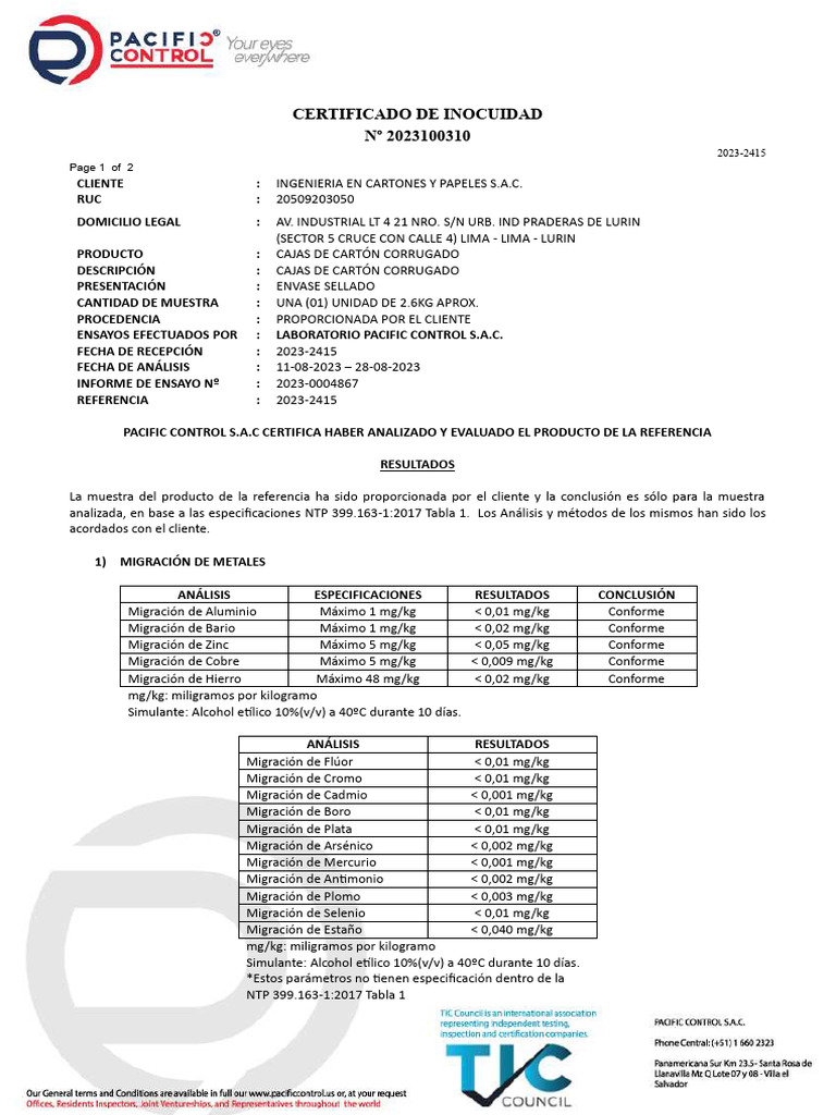 Certificado de Analisis Metales Pesados Ago 2024 | PDF
