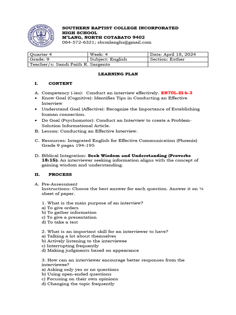 2023-24-Learning-Plan - Conduct an interview effectively | Download Free PDF | Interview | Cognition