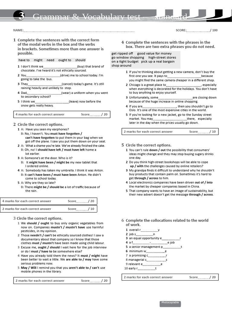 Modal Verbs and Vocabulary Test | PDF | Marketing