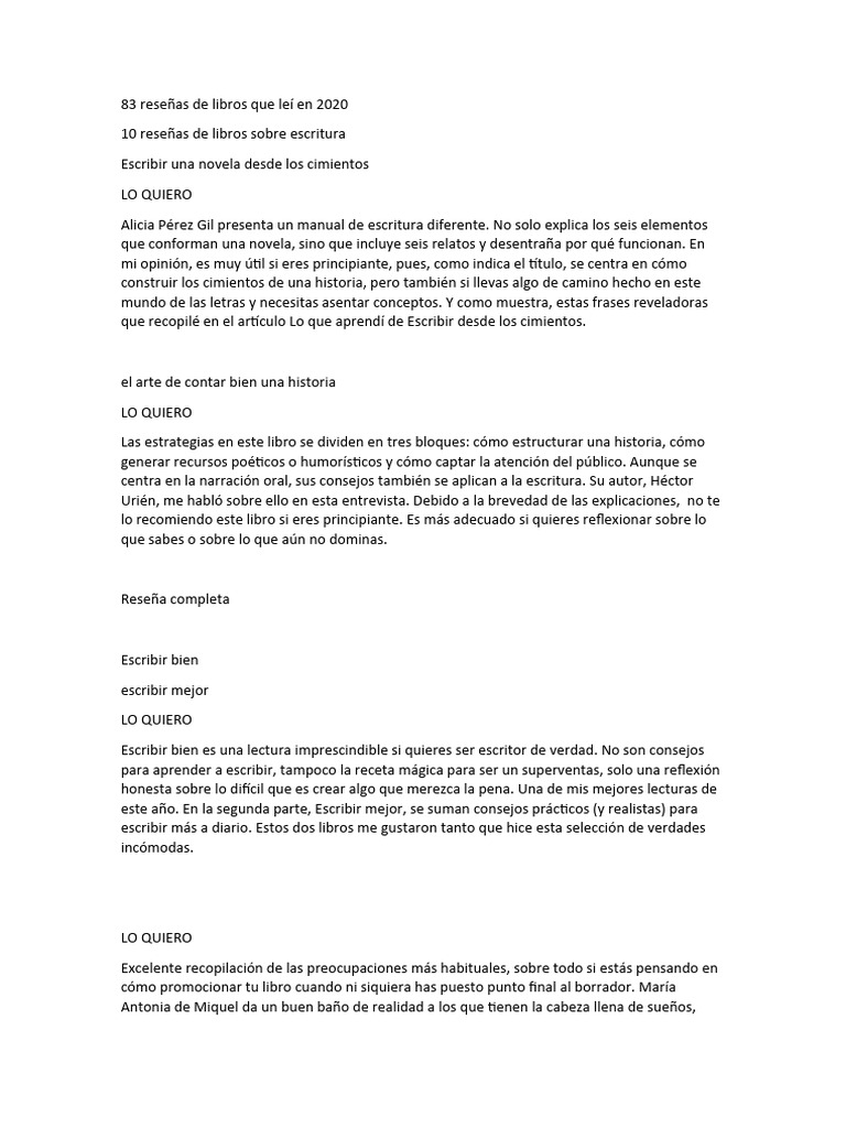 Reseñas de libros sobre escritura 2020 | PDF | Novelas | Comunicación ...