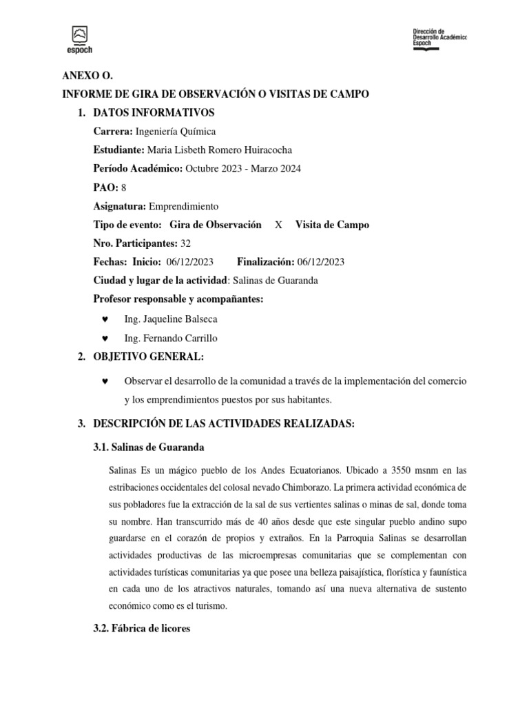 Anexo O - Informe de La Gira Observación - Romero Lisbeth | PDF | Queso | Lana
