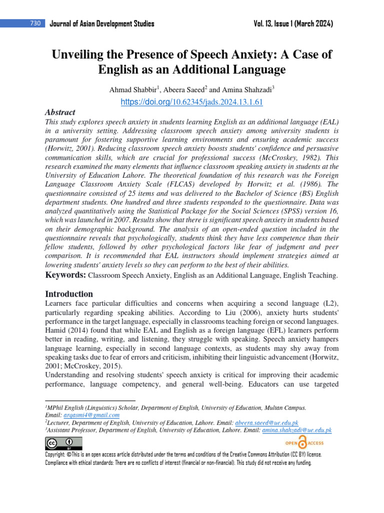 Unveiling The Presence of Speech Anxiety A Case of | PDF | English As A ...