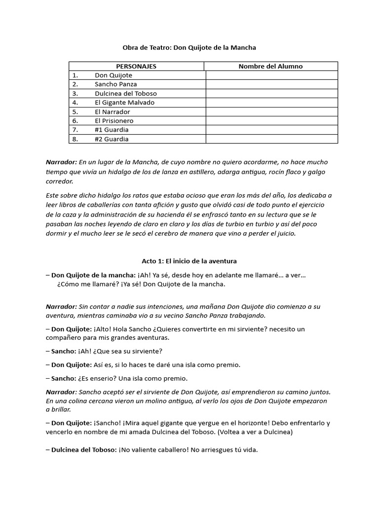 Don Quijote: Aventura Teatral Corto | PDF | Don Quijote