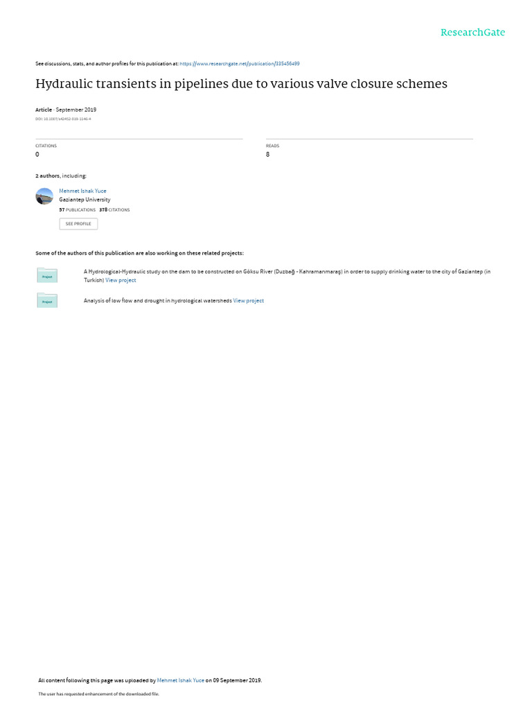 Hydraulic Transients in Pipelines Due To Various Valve Closure Schemes | PDF | Mechanical ...