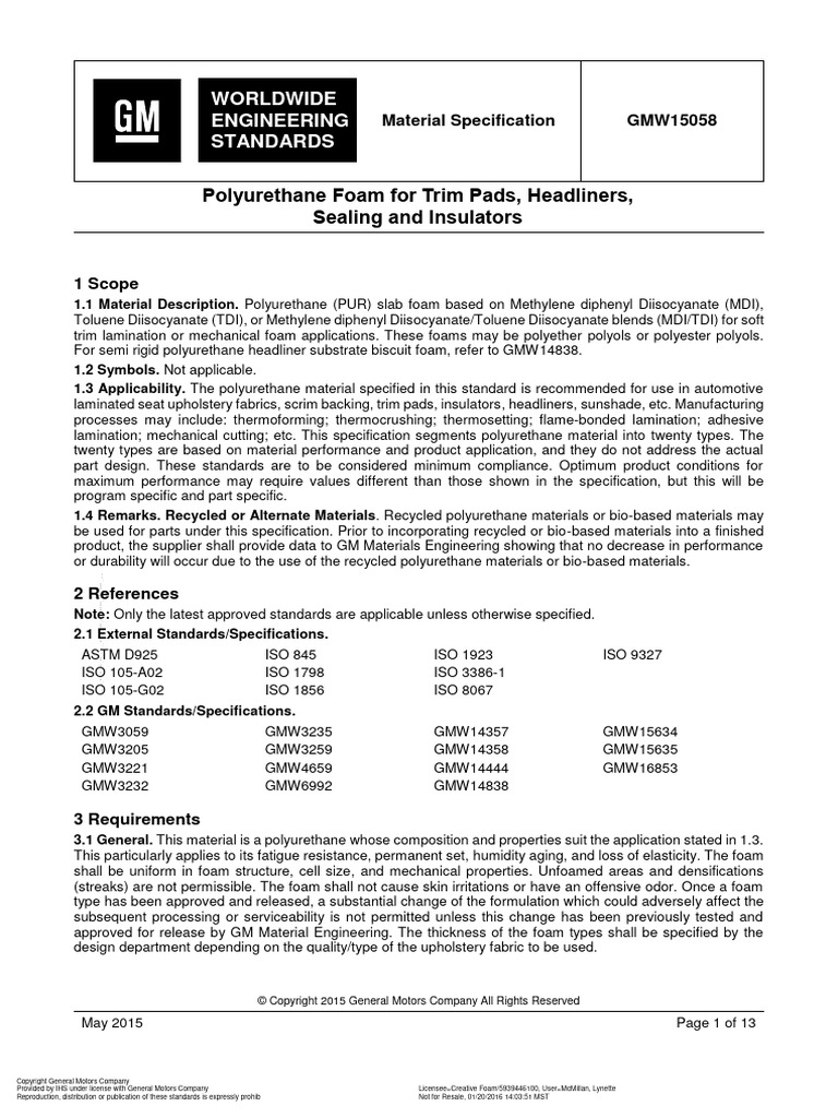 5 GMW15058 Polyurethane Foam for Trim Pads, Headliners, Sealing and ...