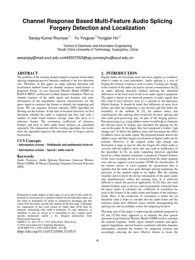 Channel Response Based Multi-Feature Audio Splicing Forgery Detection and Localization | PDF