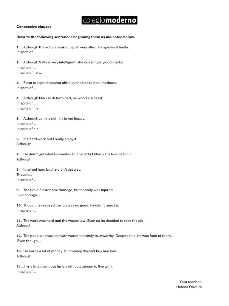 Concessive Clauses - Exercises | PDF | Language Arts & Discipline ...