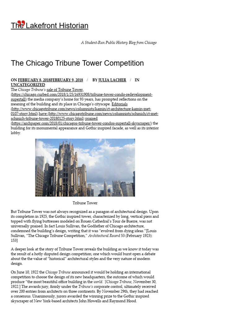 The Chicago Tribune Tower Competition – the Lakefront Historian | PDF ...