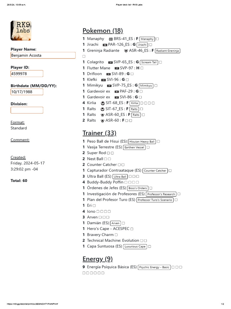 Player Deck List - RK9 Labs | PDF | Nintendo Franchises | Pokémon