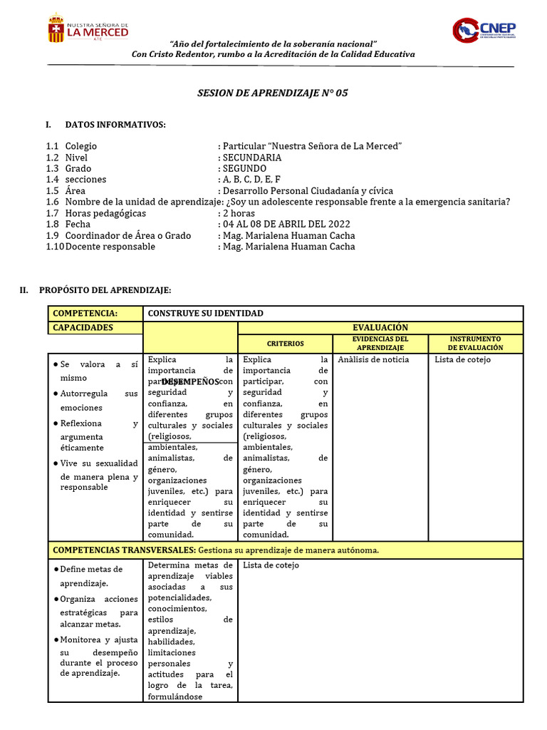 Sesiòn De Aprendizaje Nº5dpcc2º Sec Pdf Aprendizaje Evaluación 2033