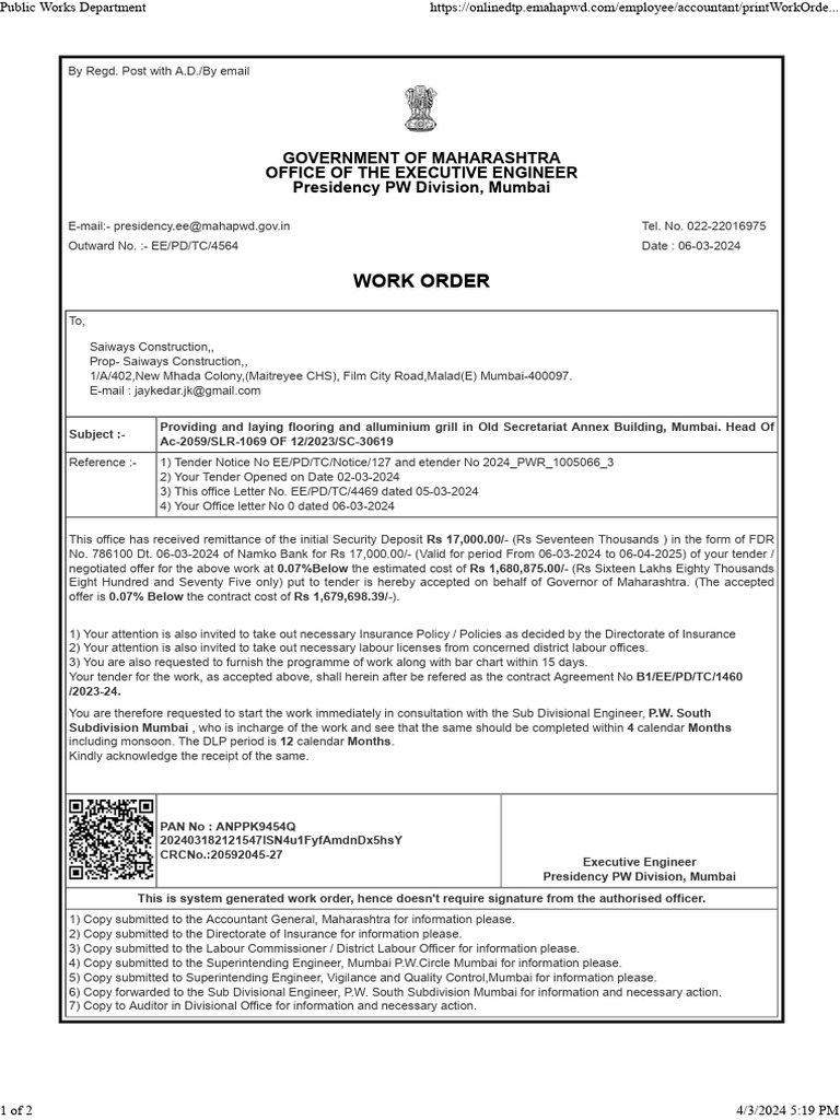 Work Order: Government of Maharashtra Office of The Executive Engineer ...