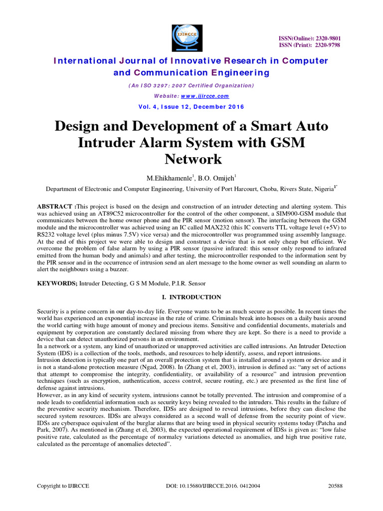 Design and Development of A Smart Auto Intruder Alarm System With GSM Network | Download Free ...