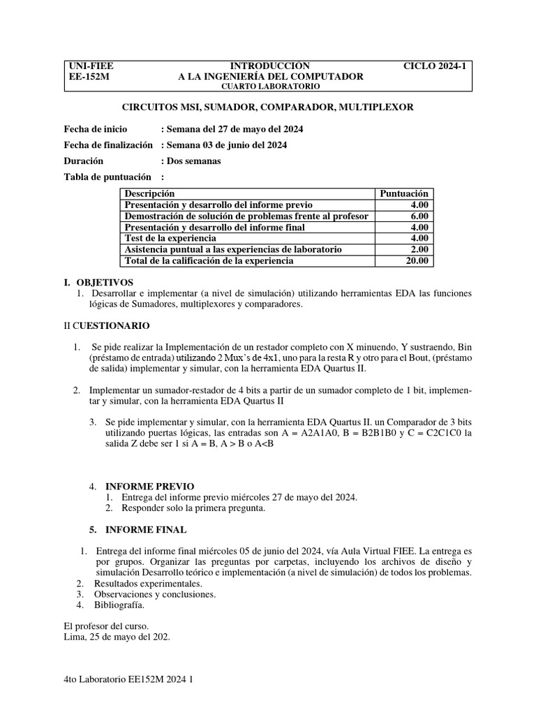 EE152M 2024 1 Lab4 | PDF | Sustracción | Electrónica
