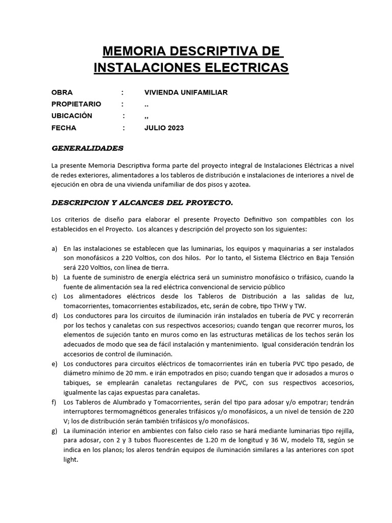 Memoria Descriptiva de Instalaciones Electricas | PDF | Ingenieria Eléctrica | Tubería ...