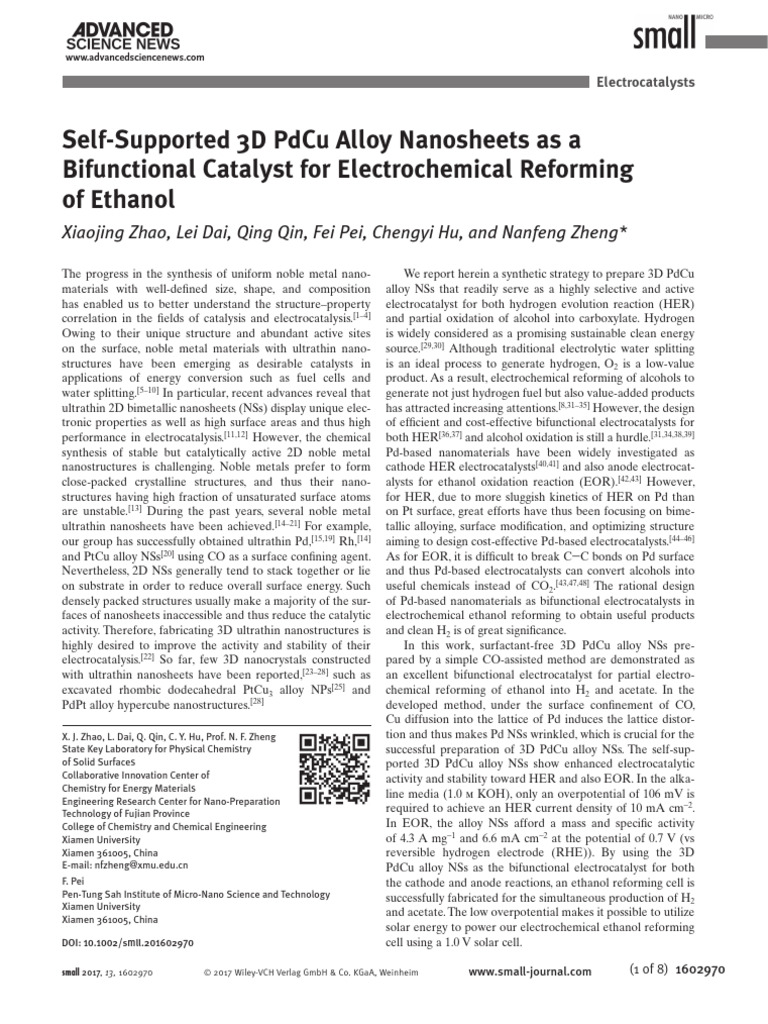 Small - 2017 - Zhao - Self Supported 3D PdCu Alloy Nanosheets As A ...