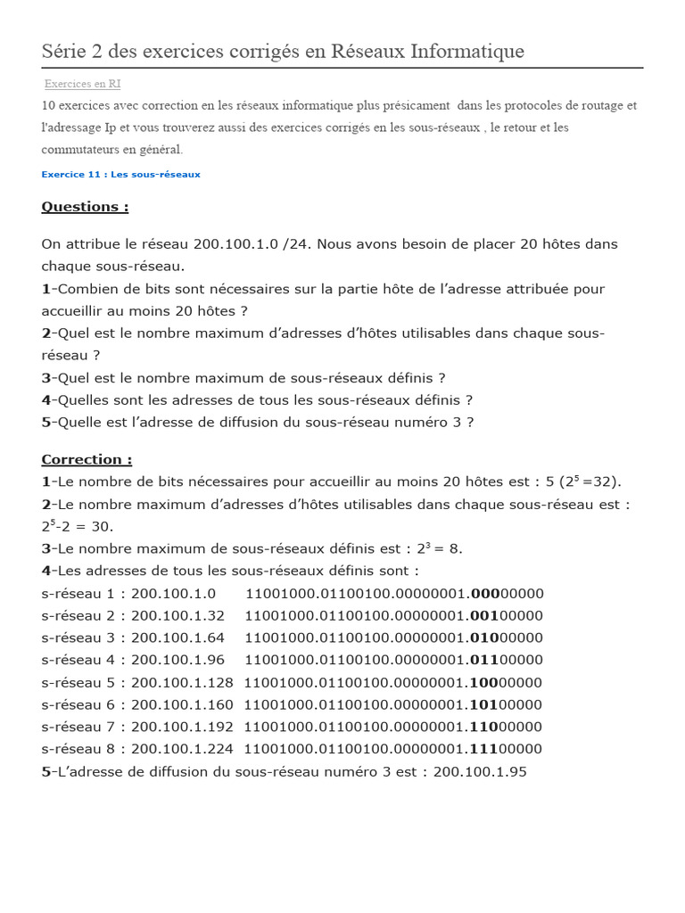 Série 2 Des Exercices Corrigés en Réseaux Informatique | PDF | Adresse IP | Standards de réseaux