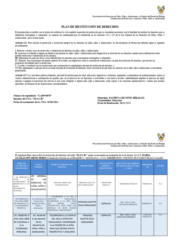 Plan de Restitución de Derechos NNA | PDF | Ciencias sociales
