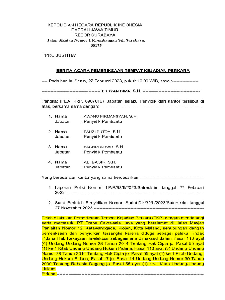 contoh BA PEMERIKSAAN TKP | PDF