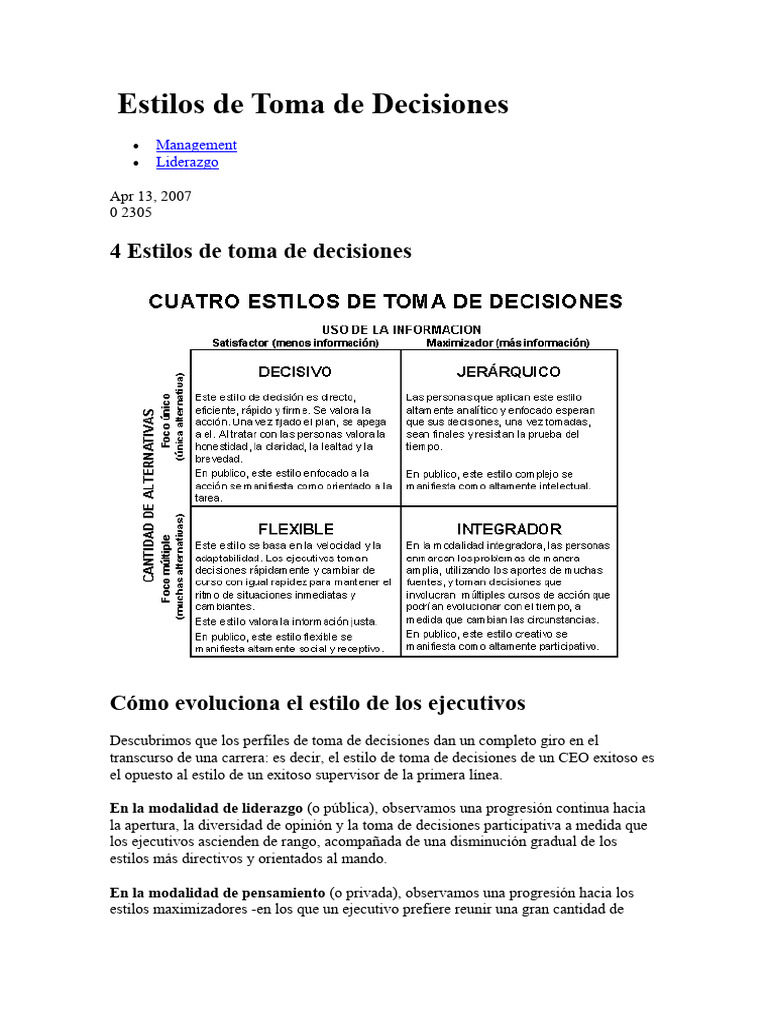 Estilos de Toma de Decisiones | Descargar gratis PDF | Toma de decisiones | Liderazgo