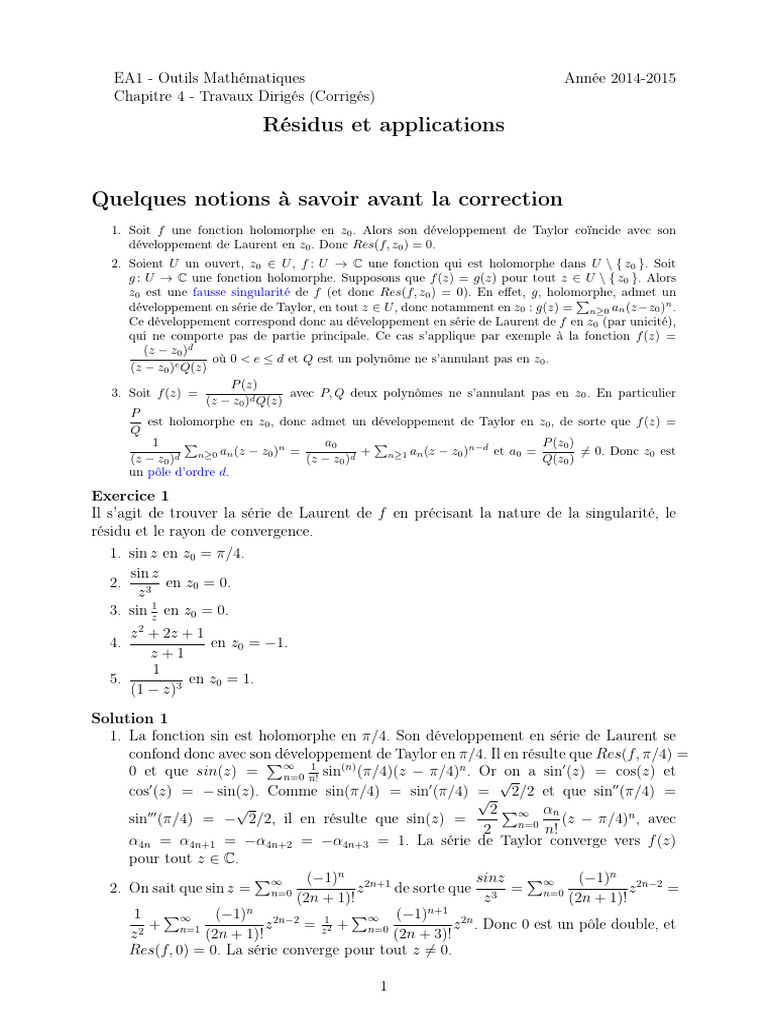 Exercices corrigés sur les séries de Laurent | PDF | Analyse ...