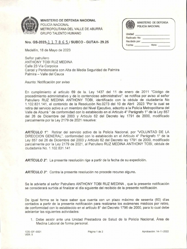Notificacion Por Aviso Pt. Ruz Medina Anthony Tobi | PDF | Policía ...