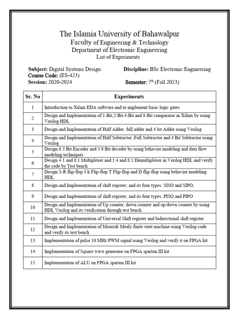 Digital Systems Design Experiments List | PDF