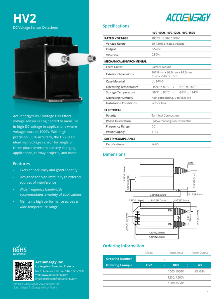 hv2 DC Voltage Sensor Datasheet | PDF | Voltage | Power Supply