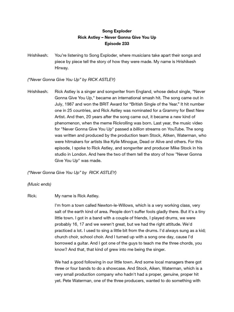 Song-Exploder-Rick-Astley-Transcript.docx | PDF | Popular Music | Music ...