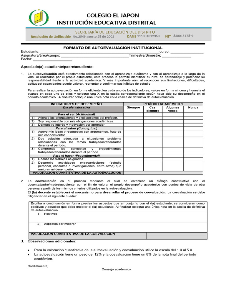 Formato-De-Autoevaluacion Institucional | PDF | Aprendizaje | Cognición