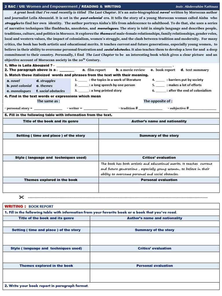 2 BAC U 5 - Reading and Writing (Book Report) Final | PDF | Books | Novels
