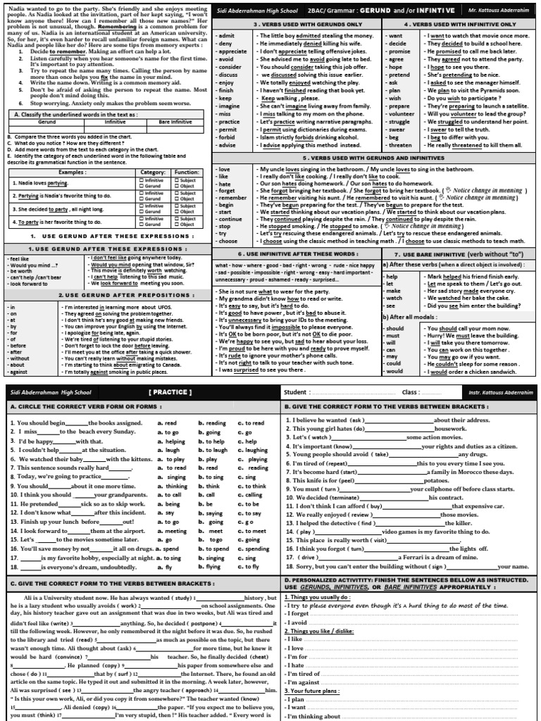 2nd Bac Gerund and Infinitive - A summary and practice (5) | PDF | Linguistics