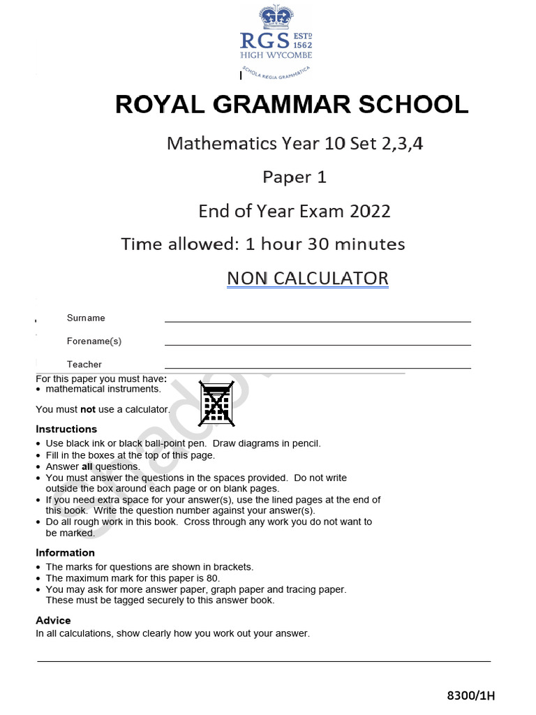 Y10 Sets 234 Paper 1 June 22 | PDF | All Rights Reserved | Mathematics