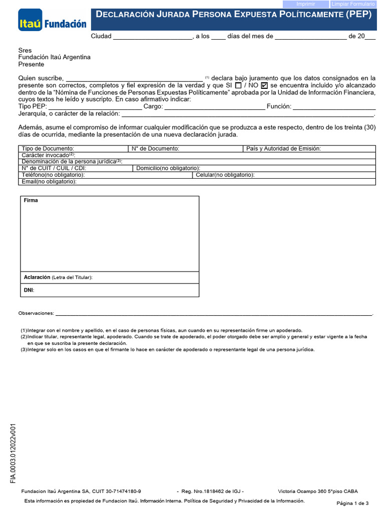 FIA.0003 Declaración Jurada Persona Expuesta Políticamente (PEP) | PDF | Ministerio ...