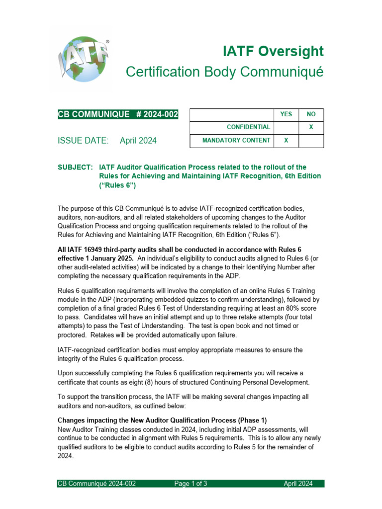 IATF Changes To Auditor Qualification | PDF | Audit