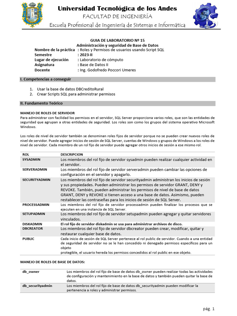 Roles y Permisos SQL en Bases de Datos | PDF | Servidor SQL de Microsoft | Bases de datos