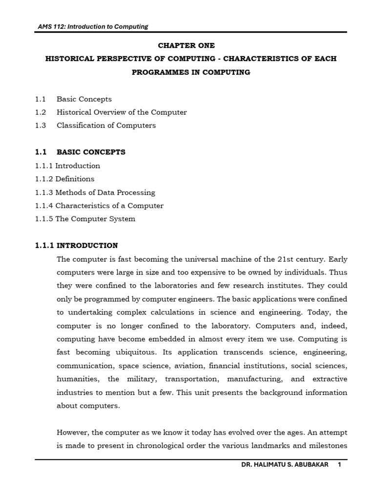 HISTORICAL PERSPECTIVE OF COMPUTING AMS112 DR. HALIMATU S.A. (Original ...