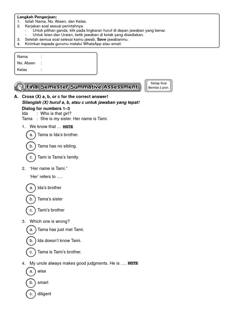 SD Bahasa Inggris 2 Final Semester Summative Assessment-1 | PDF ...