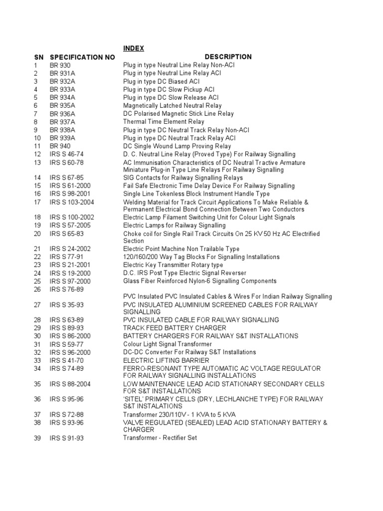 Index of RDSO Specification For Signalling Items | PDF | Relay ...